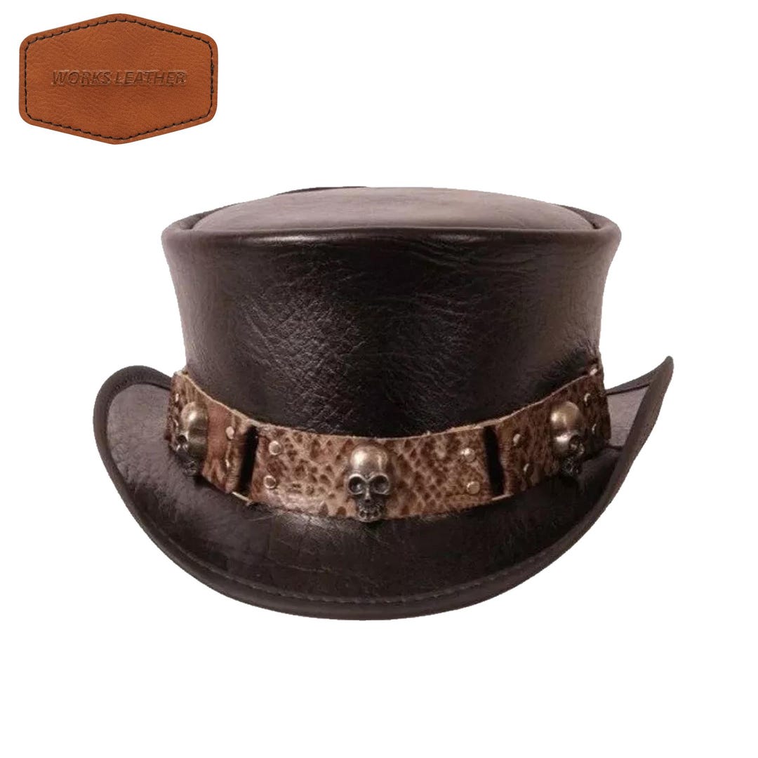 Custom Handmade Leather Western Top Hat With Skull Band Cowhide Leather ...