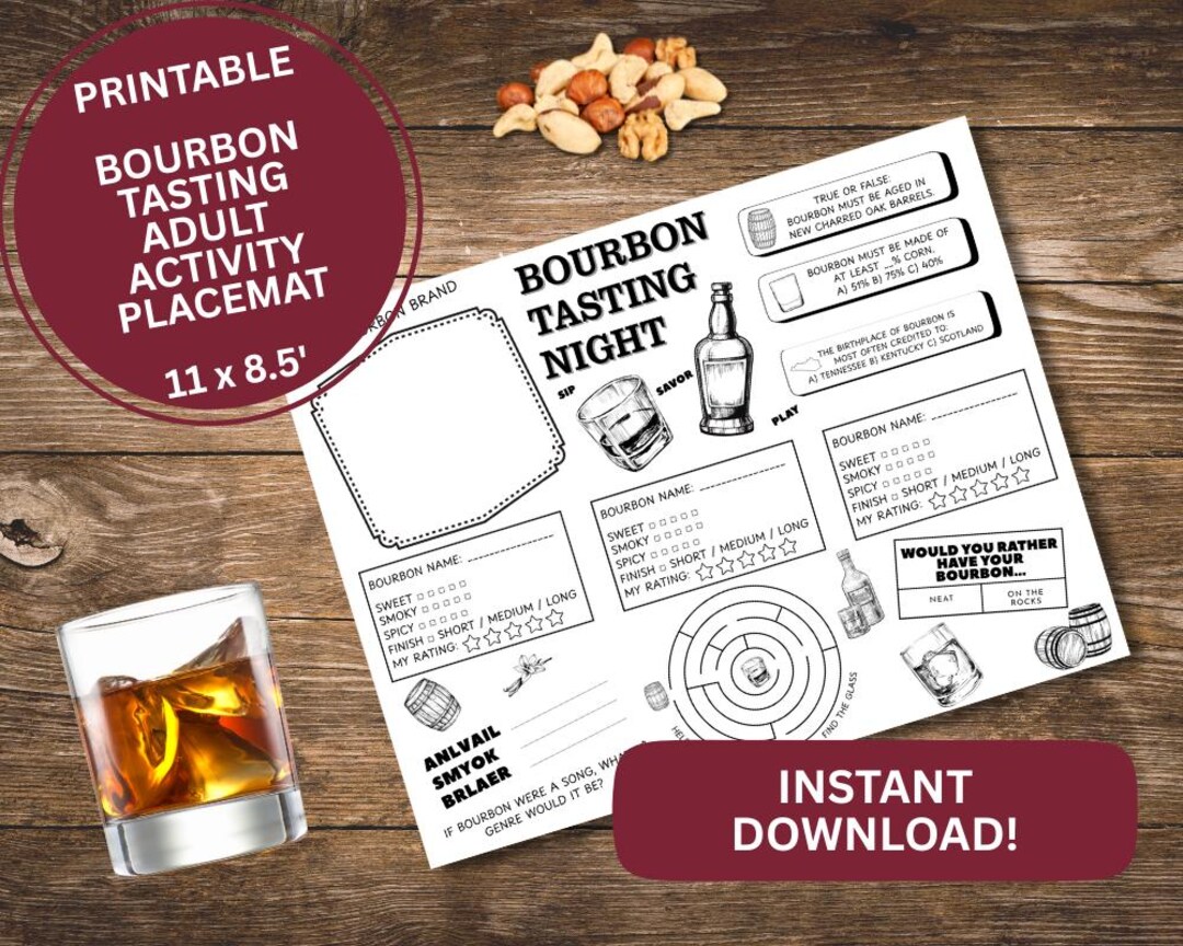 Printable Party Game | Bourbon Night Adult Activity Placemat | Digital ...