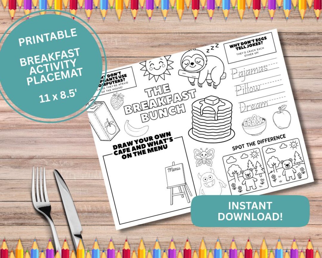 Breakfast Activity Placemat: Kids Coloring & Puzzle Sheet (digital ...