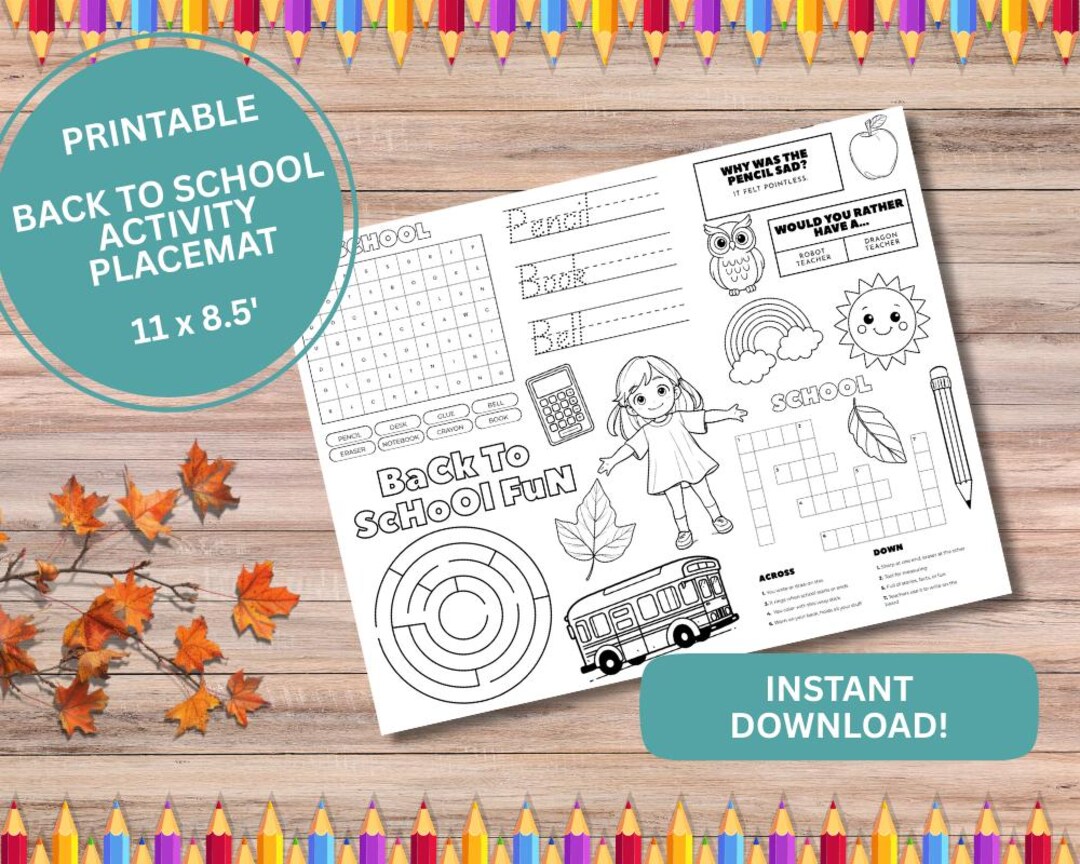 Printable Kids Activity Placemat | Back to School Theme | Coloring ...