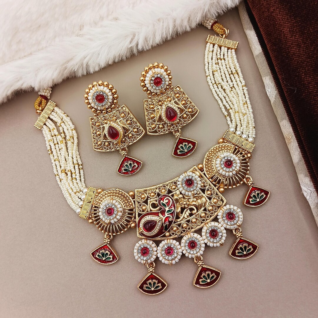 Tripti Rajwadi Necklace Set With Meenakari Design in Agni Red | Royal ...
