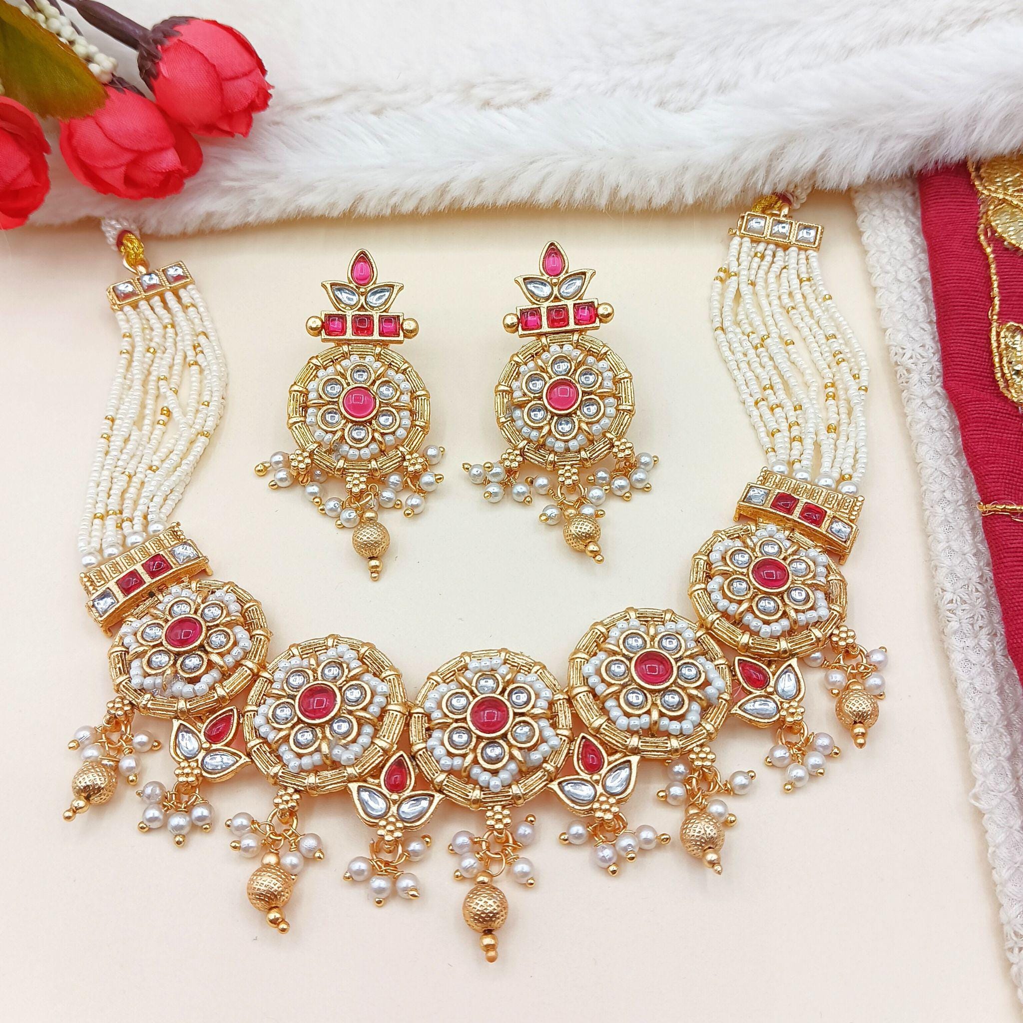 Mohini Rajwadi Necklace Set, Rajputi Choker With Earrings, Indian ...