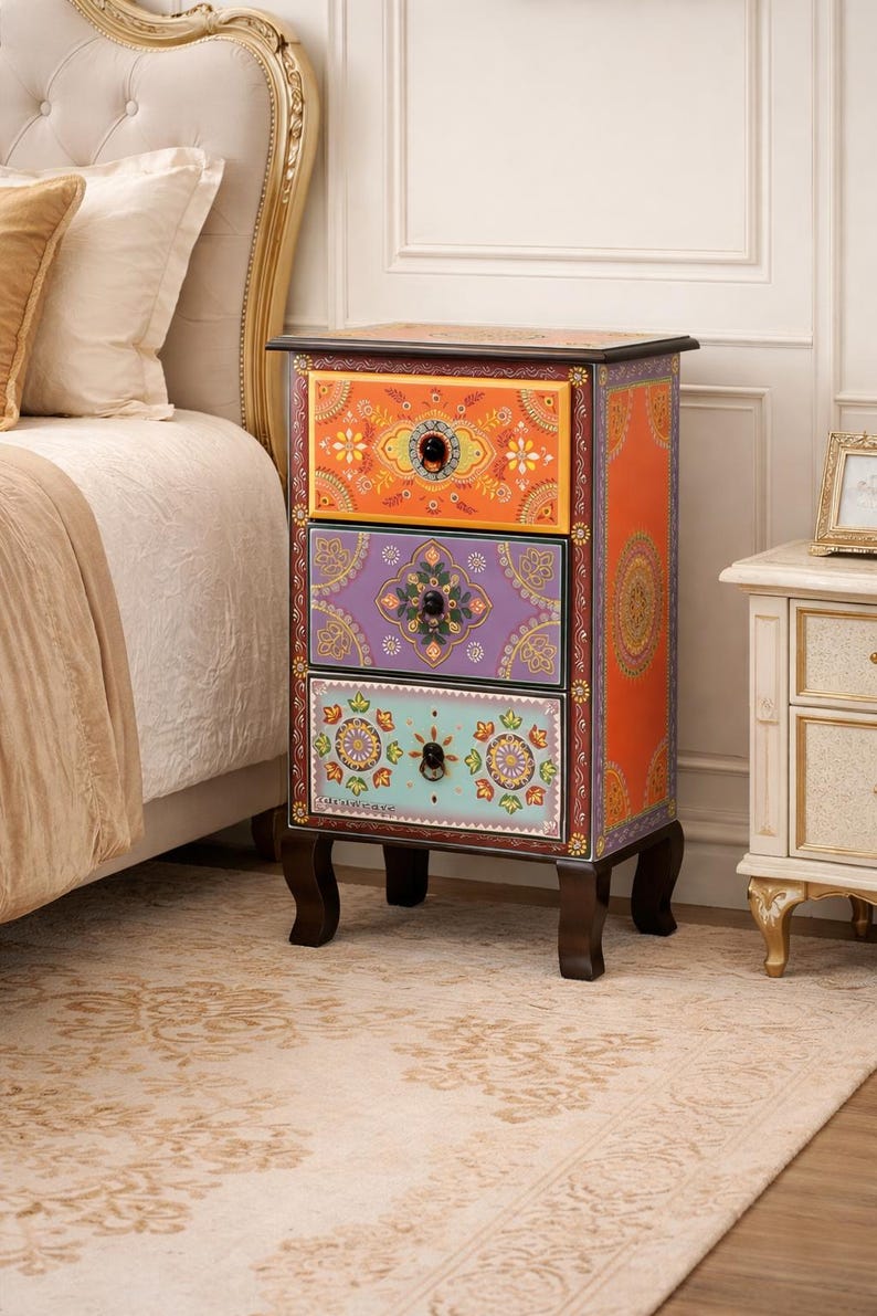 Hand-painted Mango Wood 3-drawer Bedside Table – Vibrant Floral Cabinet ...