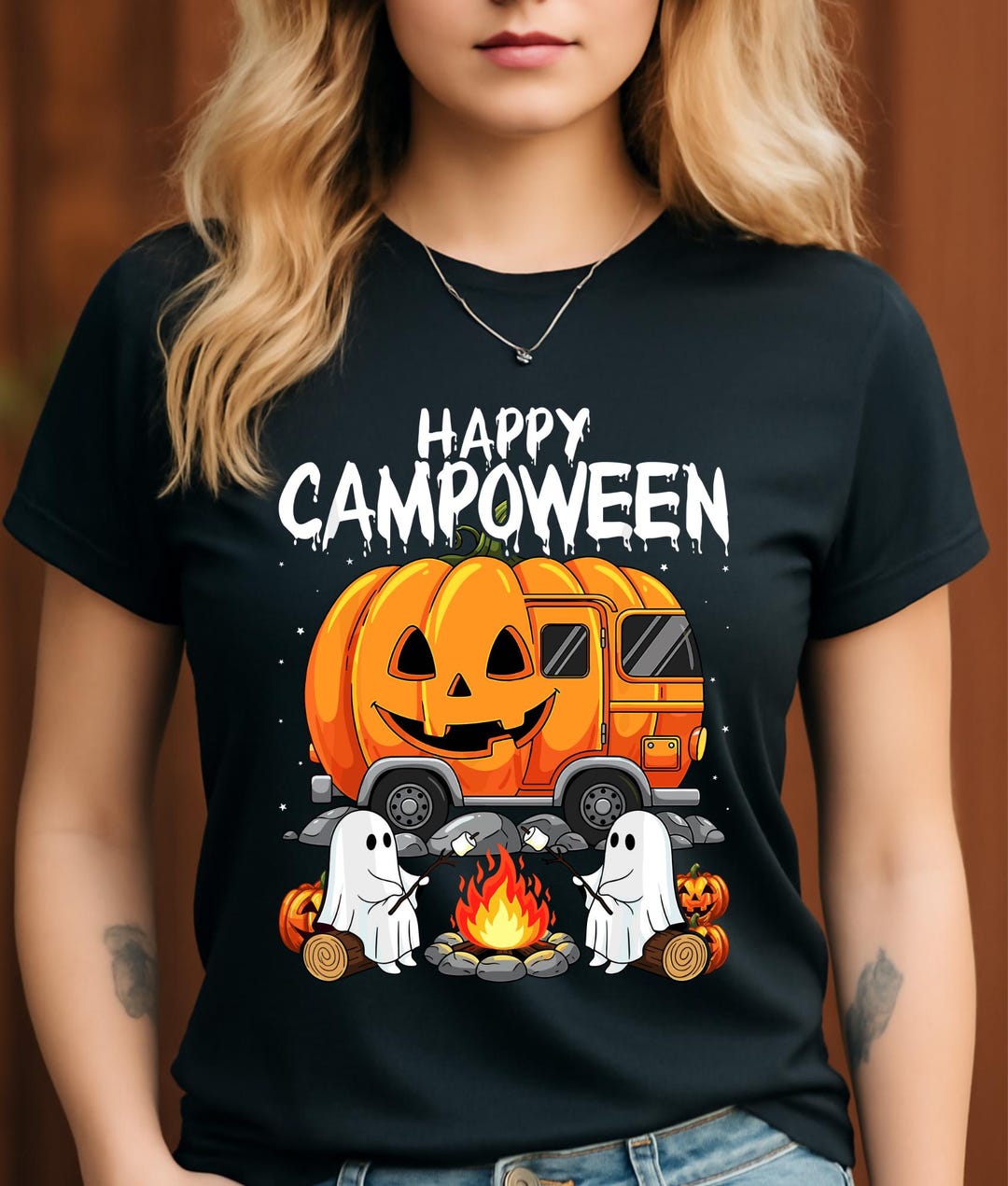 Happy Campoween Halloween PNG, Pumpkin Camping Ghosts, Fall Decor ...
