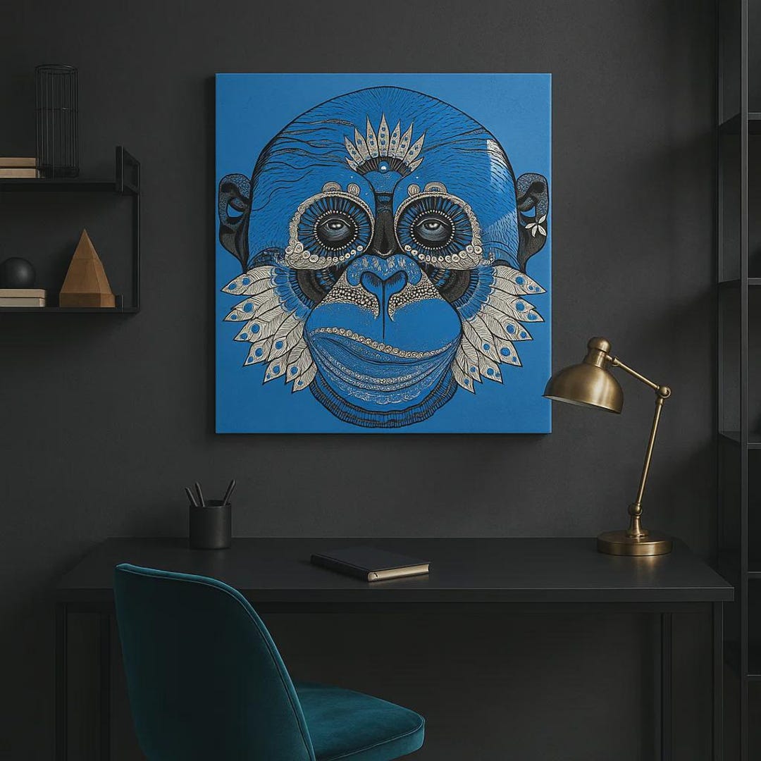 Blue Tribal Monkey Wall Art – Modern Boho Animal Canvas Print – Unique ...