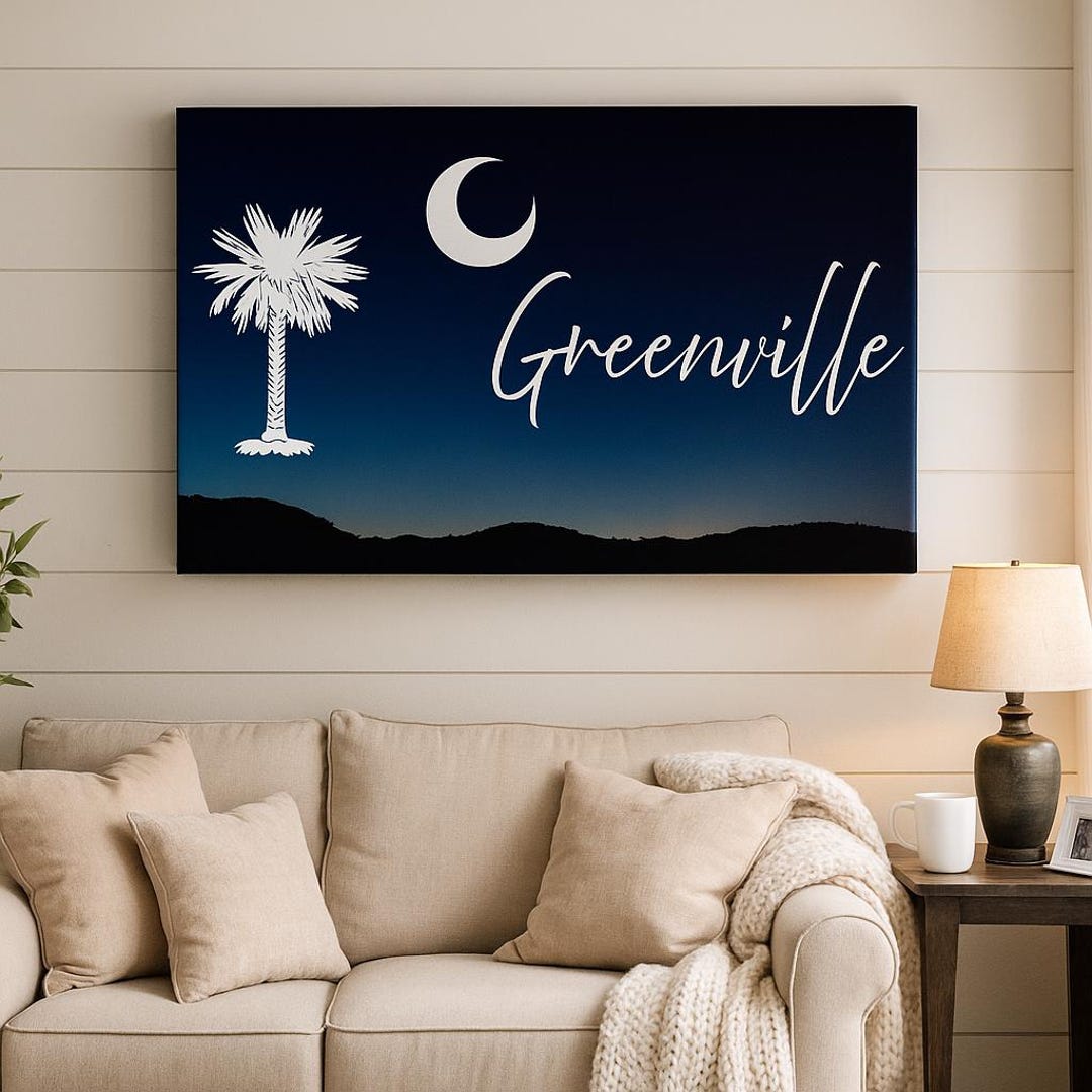 Greenville South Carolina Canvas Wall Art – Crescent Moon and Palmetto ...