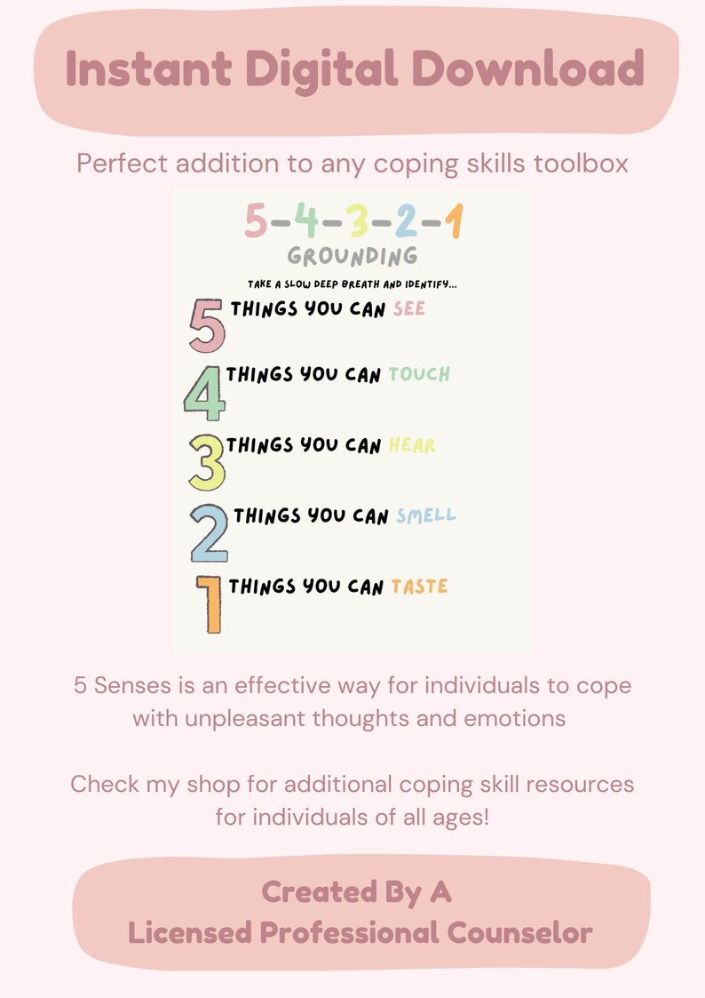 Mental Health Coping Skills Handout for Therapists- 5 Senses/ 5-4-3-2-1 ...