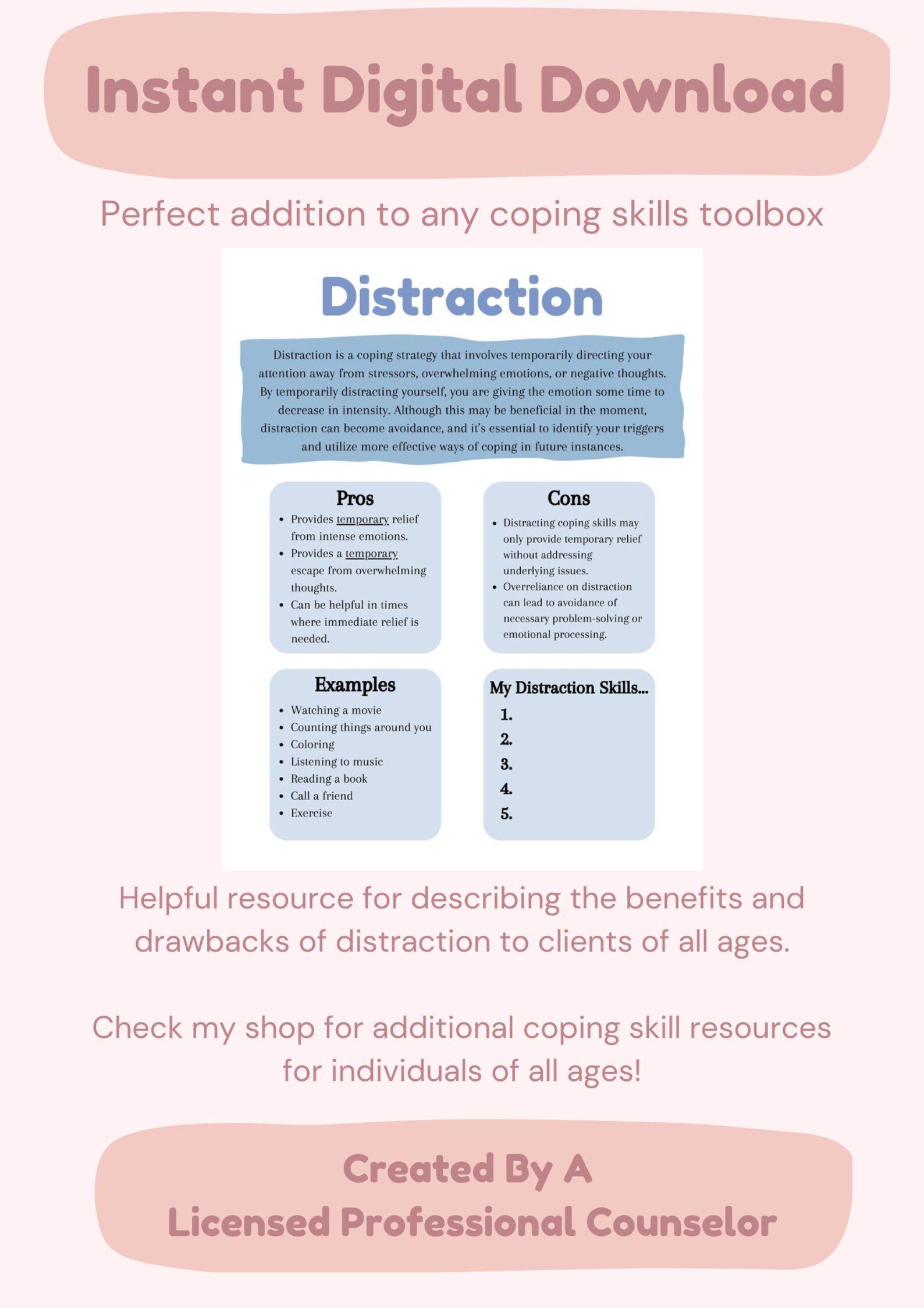 Distraction Coping Skills Handout: Mental Health, CBT, DBT (PDF) - Etsy