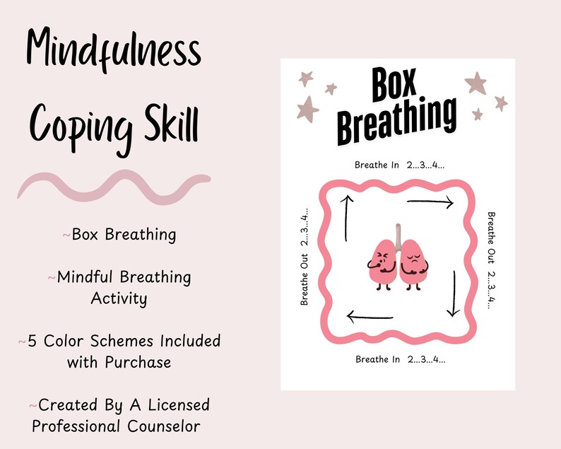 Mental Health Coping Skills Handout for Therapists- Box Breathing- Emotion Regulation Tool ...