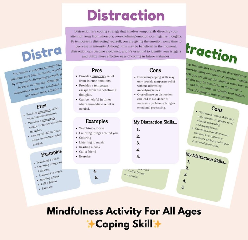 Mental Health Coping Skills Handout for Therapists- Distraction ...