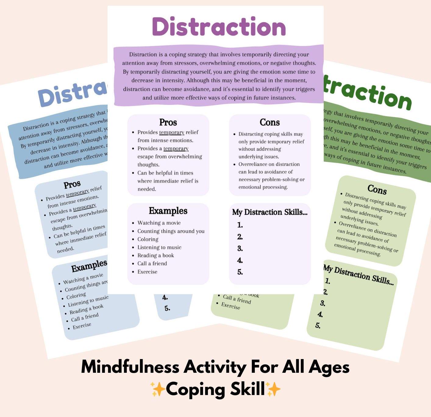 Distraction Coping Skills Handout: Mental Health, CBT, DBT (PDF) - Etsy