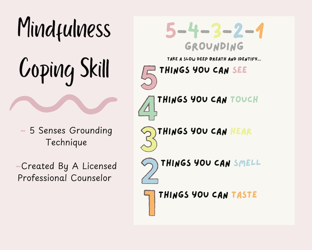 Mental Health Coping Skills Handout for Therapists- 5 Senses/ 5-4-3-2-1 ...
