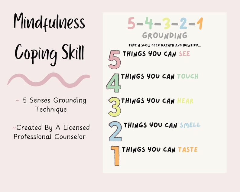 Mental Health Coping Skills Handout for Therapists- 5 Senses/ 5-4-3-2-1- Grounding Technique-cbt ...