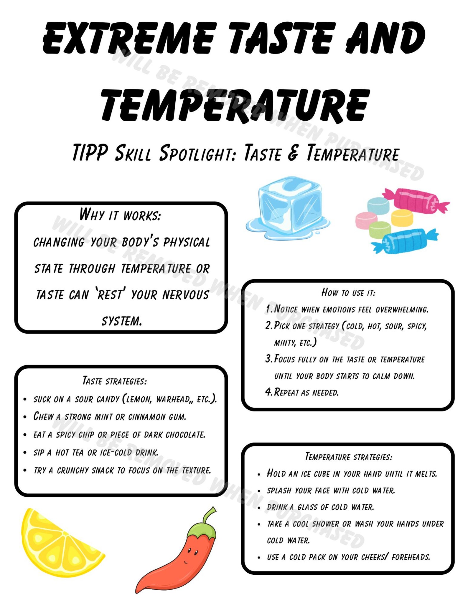 DBT TIPP Skill Handout | Taste & Temperature Coping Skills for Anxiety ...