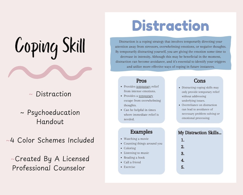 Mental Health Coping Skills Handout for Therapists- Distraction ...