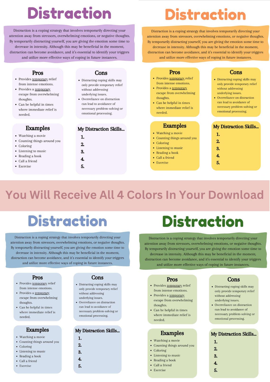 Distraction Coping Skills Handout: Mental Health, CBT, DBT (PDF) - Etsy