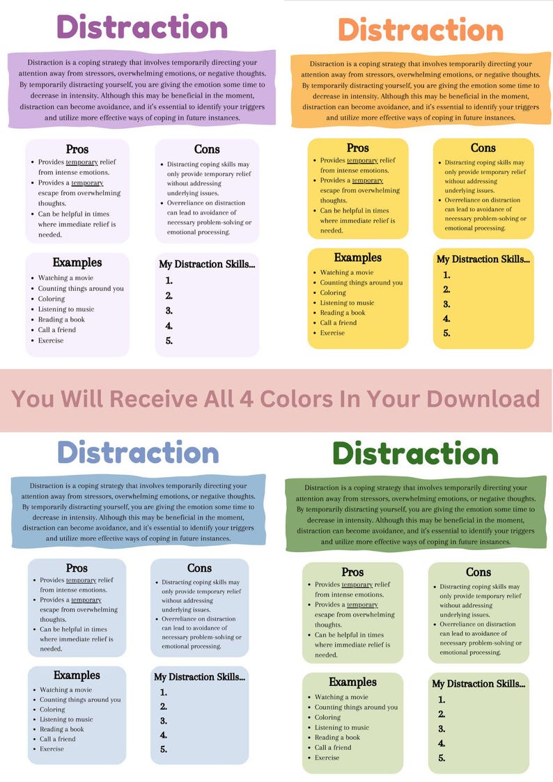 Mental Health Coping Skills Handout for Therapists- Distraction ...
