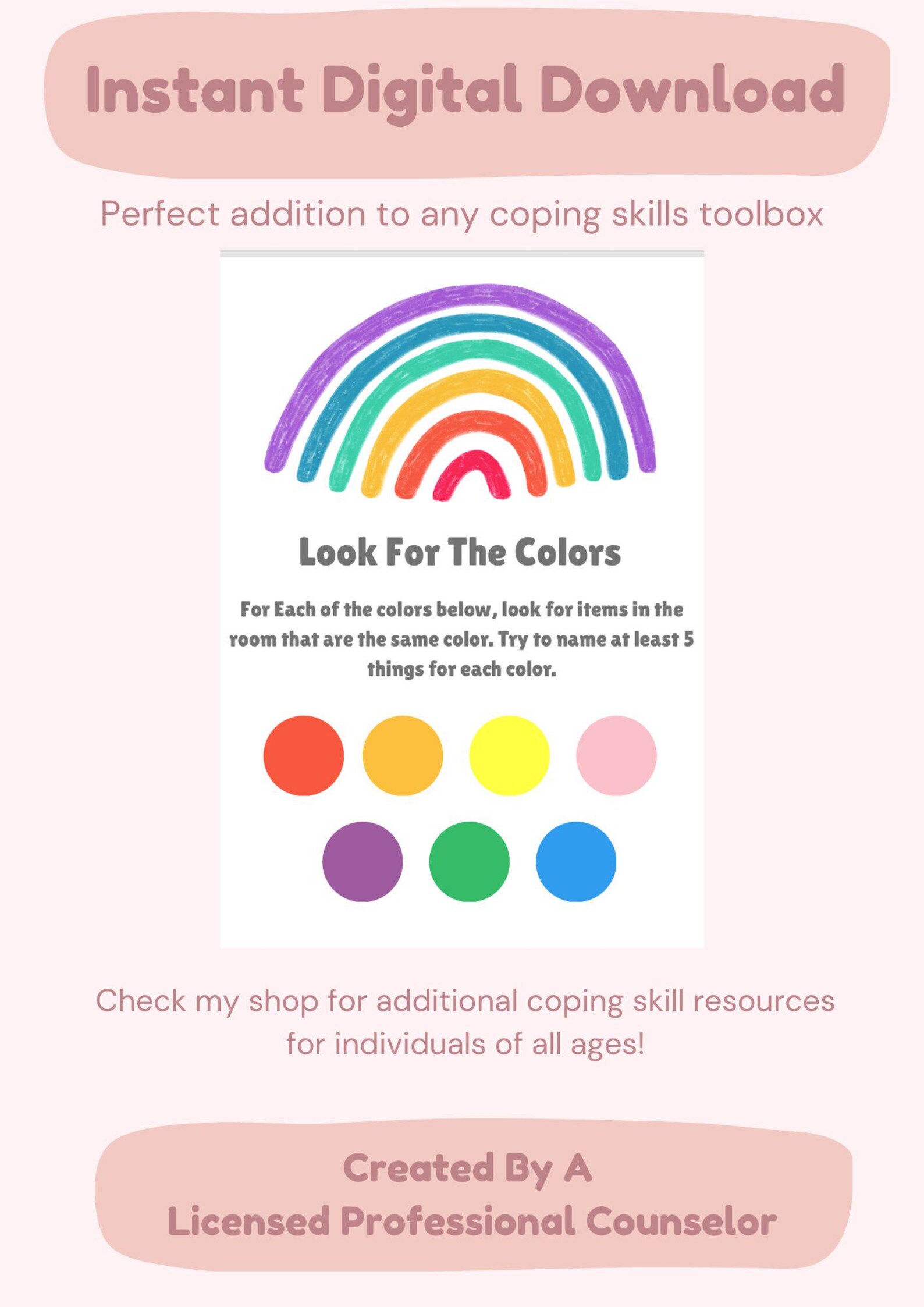 Mental Health Coping Skills Handout for Therapists- Look for the Colors ...