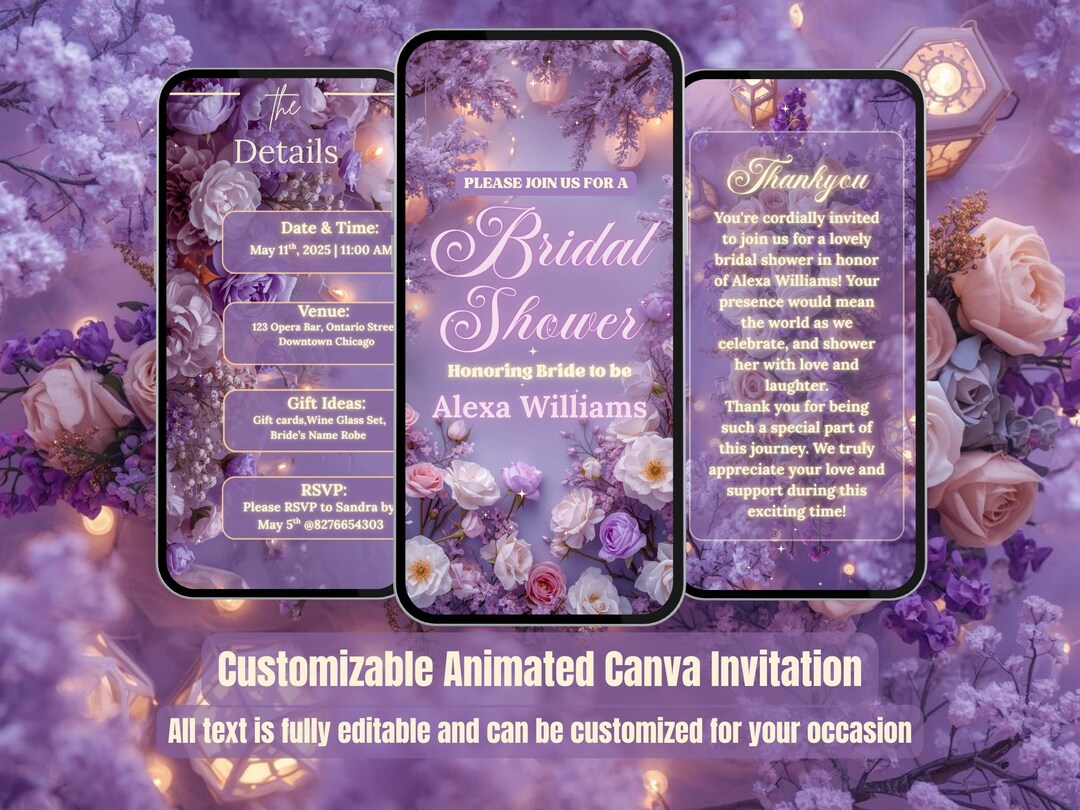 Purple & Gold Bridal Shower Invitation – Editable Video Template ...
