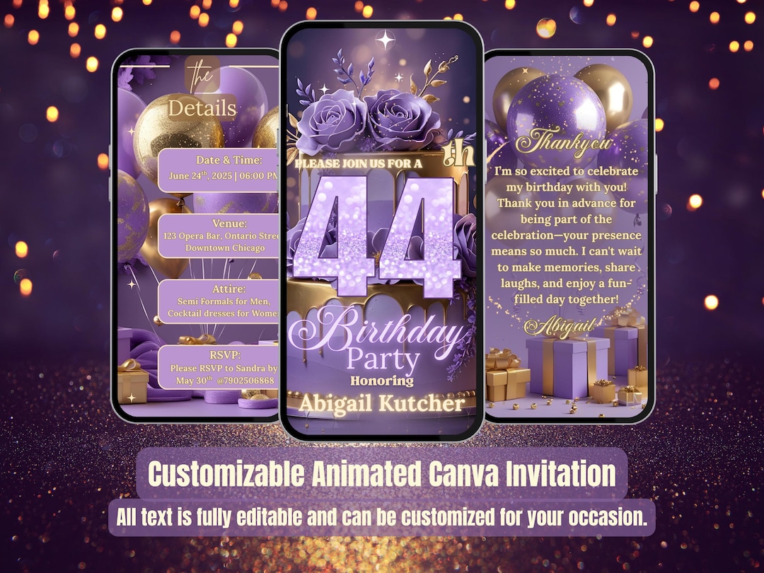 44th Birthday Invitation – Purple & Gold Digital Evite – Editable Video ...
