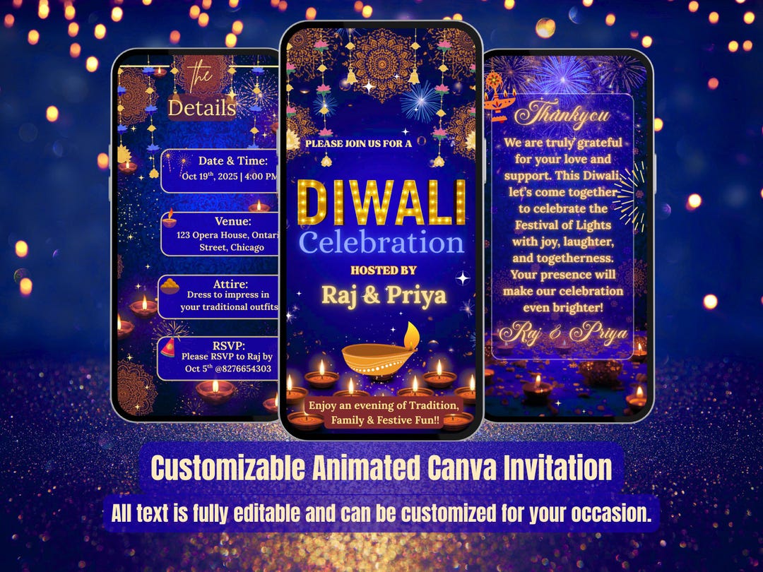 Diwali Invitation – Editable Diwali Party Invite – Blue & Gold ...