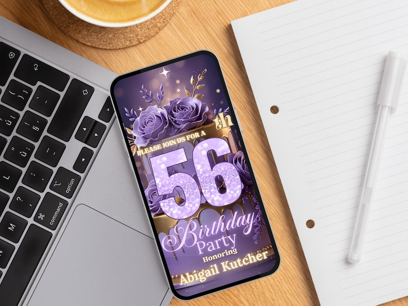 56th Birthday Invitation – Purple & Gold Digital Evite – Editable Video ...