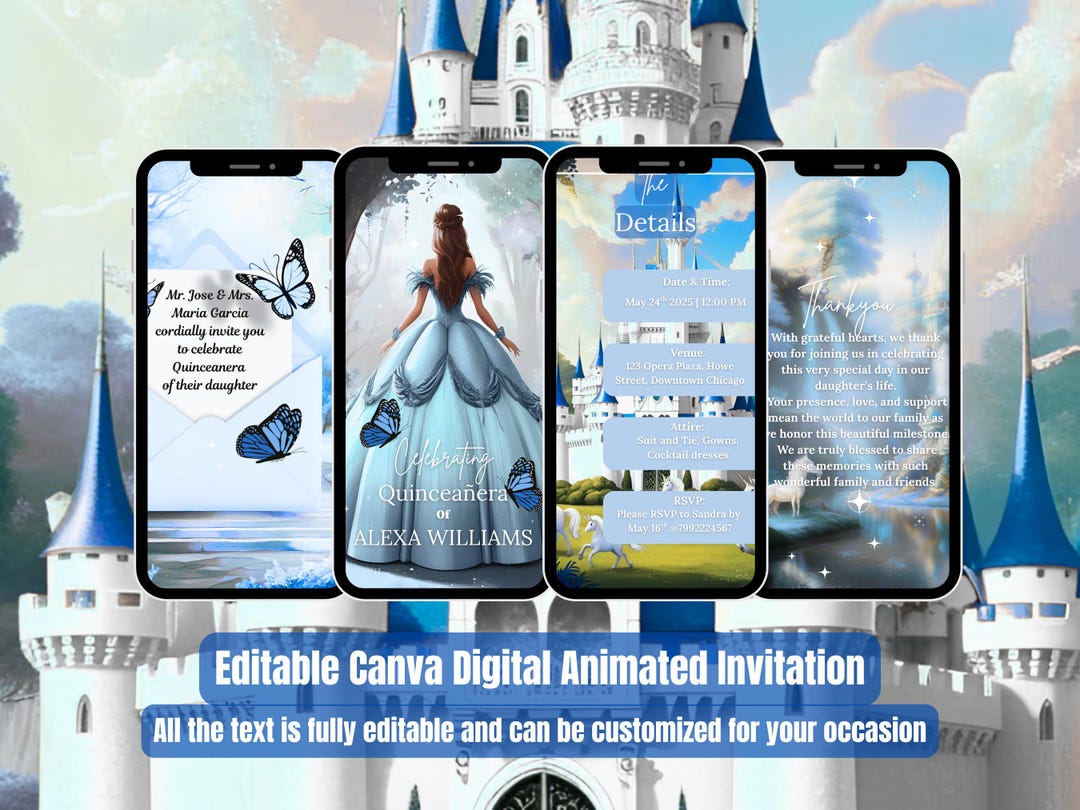 Quinceanera Invitation – Sweet 15 Video – Baby Blue Castle Butterfly ...
