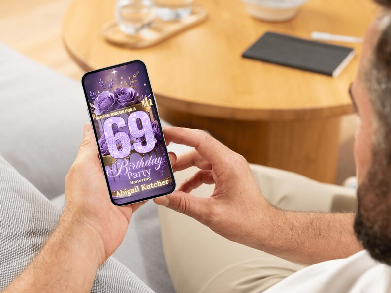 69th Birthday Invitation – Purple & Gold Digital Evite – Editable Video ...