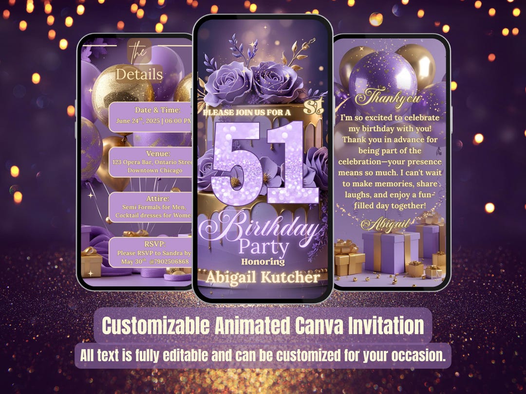 51st Birthday Invitation – Purple & Gold Digital Evite – Editable Video ...