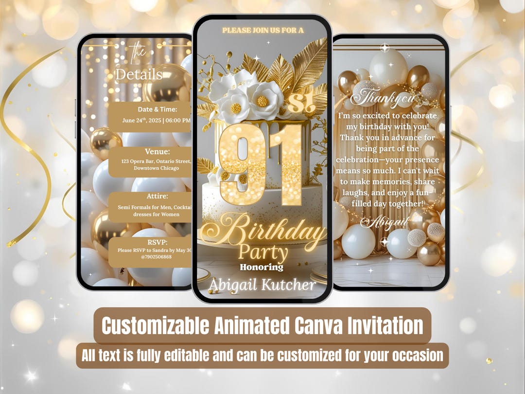91st Birthday Invitation – White & Gold Video Invite for Her – Editable ...
