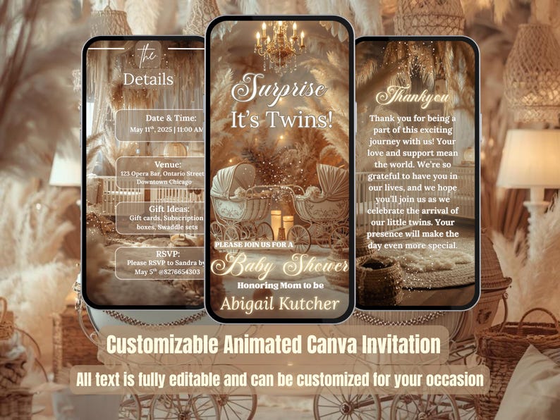 Boho Twin Baby Shower Video Invitation – Animated Envelope Reveal Canva ...