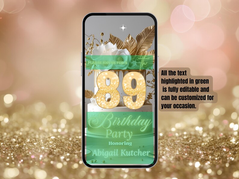 89th Birthday Invitation – White & Gold Video Invite for Her – Editable ...