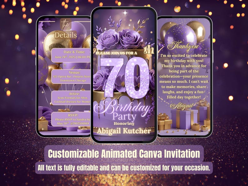70th Birthday Invitation – Purple & Gold Digital Evite – Editable Video ...