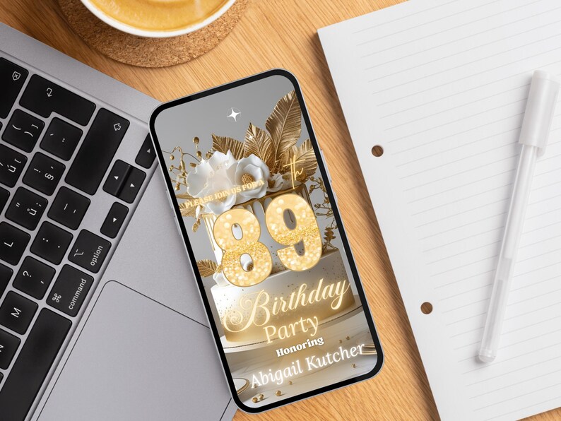 89th Birthday Invitation – White & Gold Video Invite for Her – Editable ...