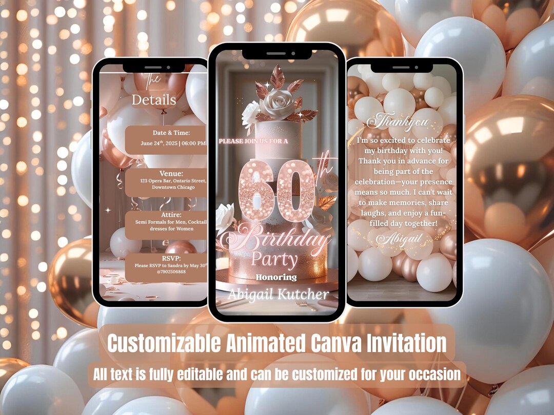 60th Birthday Invitation for Her – Rose Gold Video Evite – Editable ...