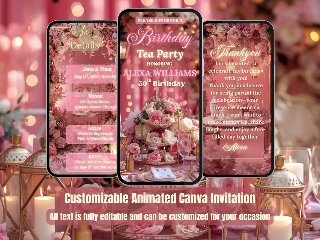 Pink & Gold High Tea Party Invitation – Birthday Video Invite ...