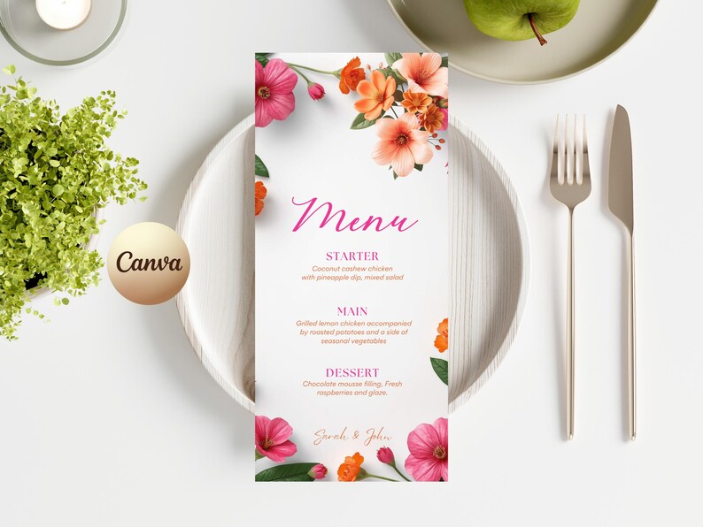 Pink & Orange Floral Menu Template 4x9, Editable Brunch Menu, Bridal ...