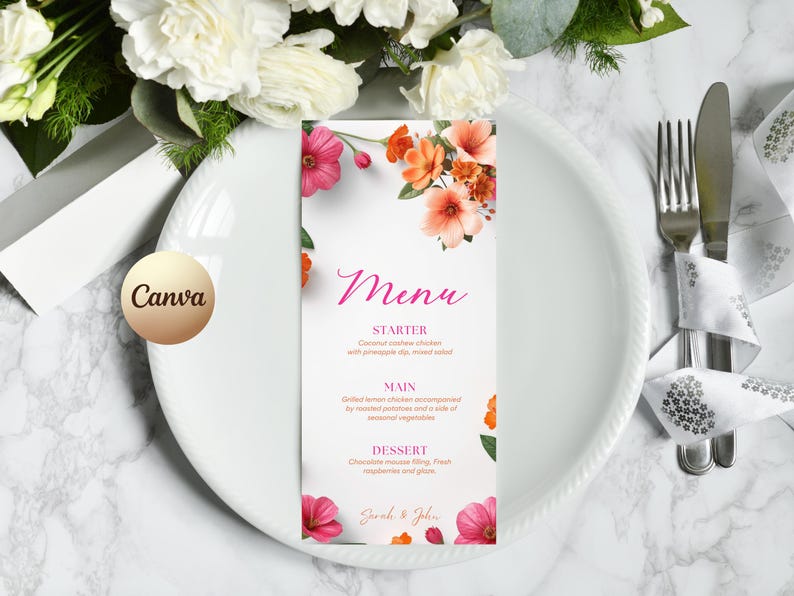 Pink & Orange Floral Menu Template 4x9, Editable Brunch Menu, Bridal ...