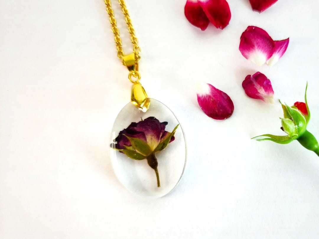Real Red Rose Resin Necklace, Gold Chain Botanical Pendant, Handmade ...