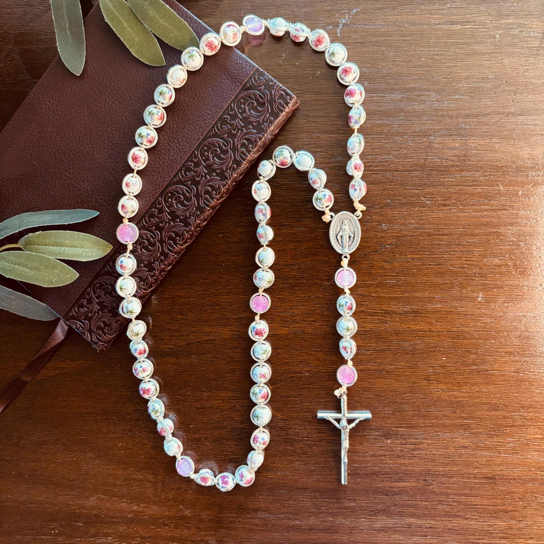 Handmade Glass Rosary | Pink Floral Bead Prayer Beads With Crucifix | Elegant Catholic Devotion ...