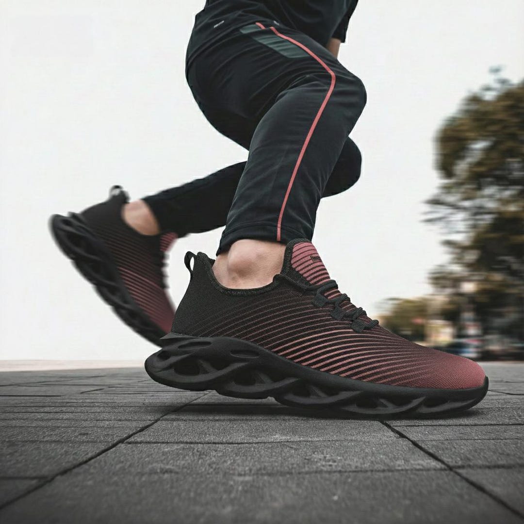 Men's Futuristic Running Shoes, Black & Red Stripe Blade Sole Sneakers ...