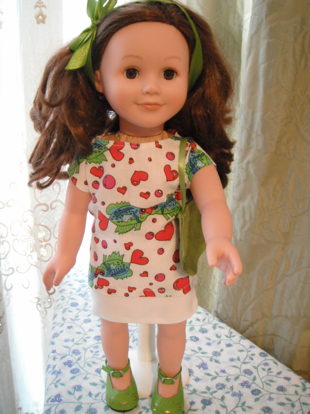18 Inch Doll Handbag, Doll Purse, Doll, Cherries Print Bag , Green Doll ...