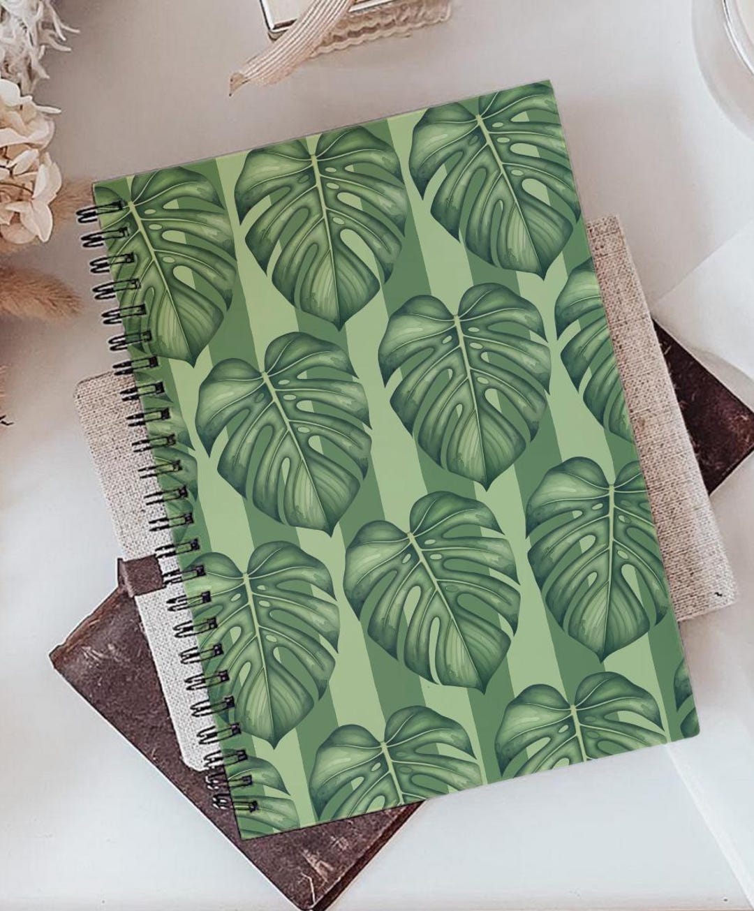 Monstera Leaves Pattern Striped Spiral Notebook for Plant Mom Gift ...