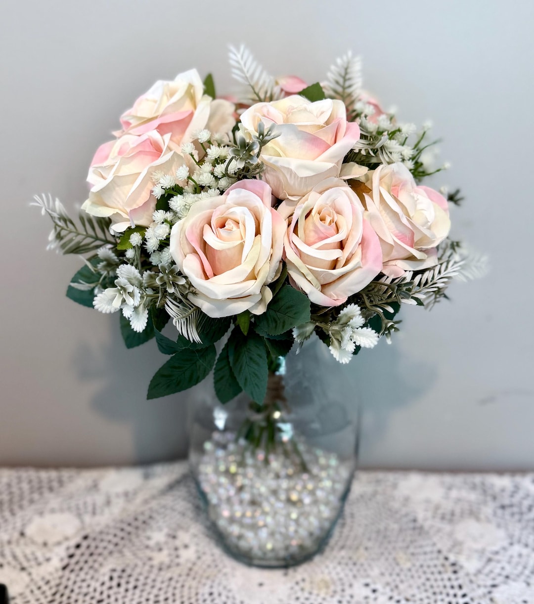 Pink Tipped Silk Rose Tabletop Arrangement, Clear Glass 9 Inch Vase ...