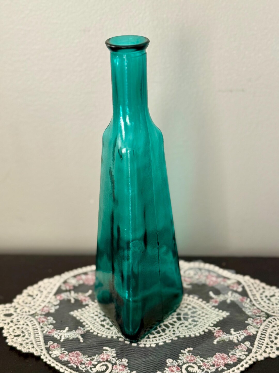 Vintage Green Glass Triangle Bottle, 10 Inch - Etsy
