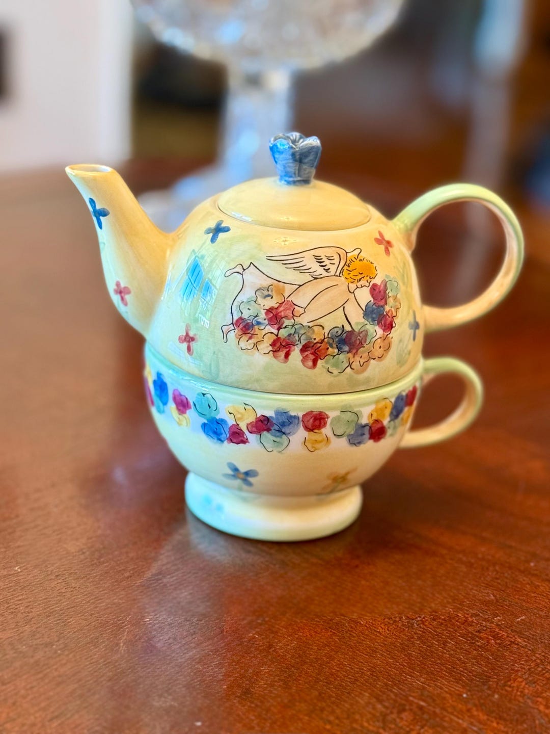 Vintage Ceramic Tea for One, Teapot, Cup, Yellow, Blue With Angel and ...