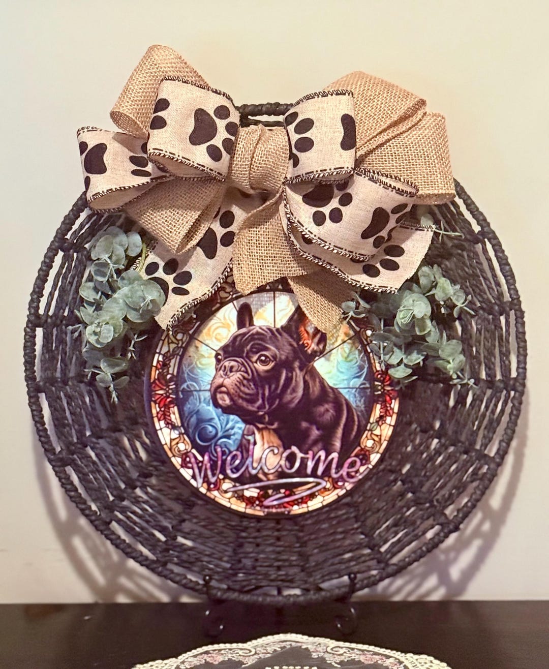 French Bulldog, Wecome Wreath, Rattan, Wall-door Mount, Colorful Metal ...