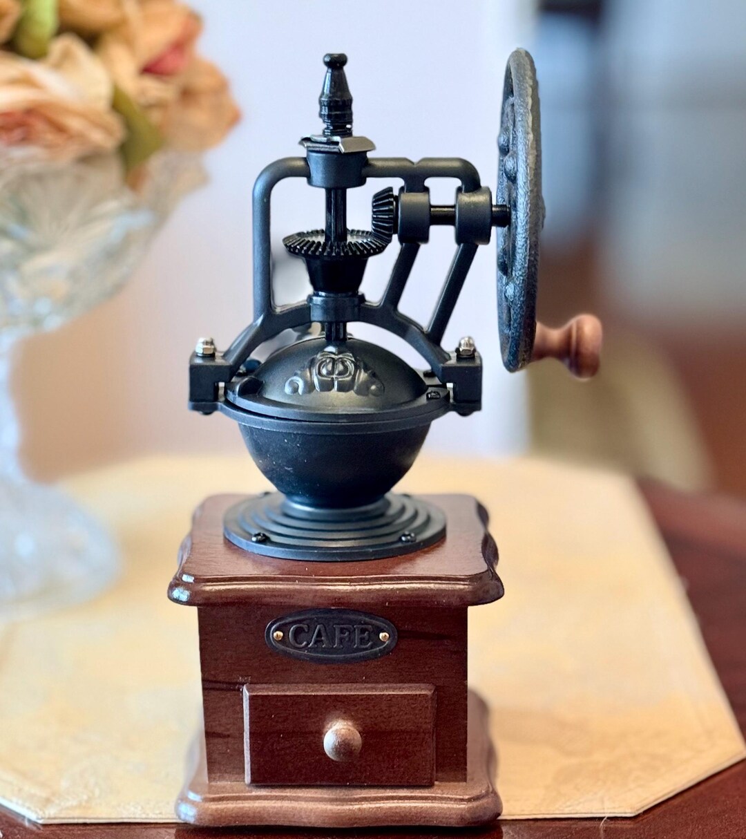 Vintage Working Coffee Grinder, Wheel Crank, Wrought Iron and Wood Base ...