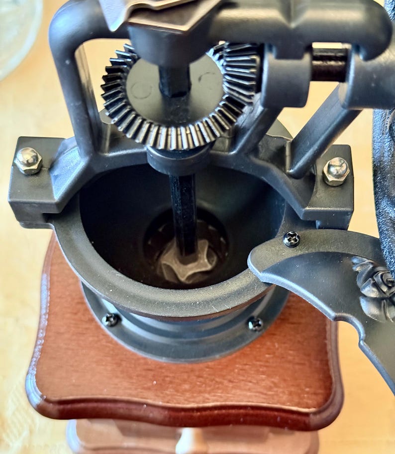 Vintage Working Coffee Grinder, Wheel Crank, Wrought Iron and Wood Base ...