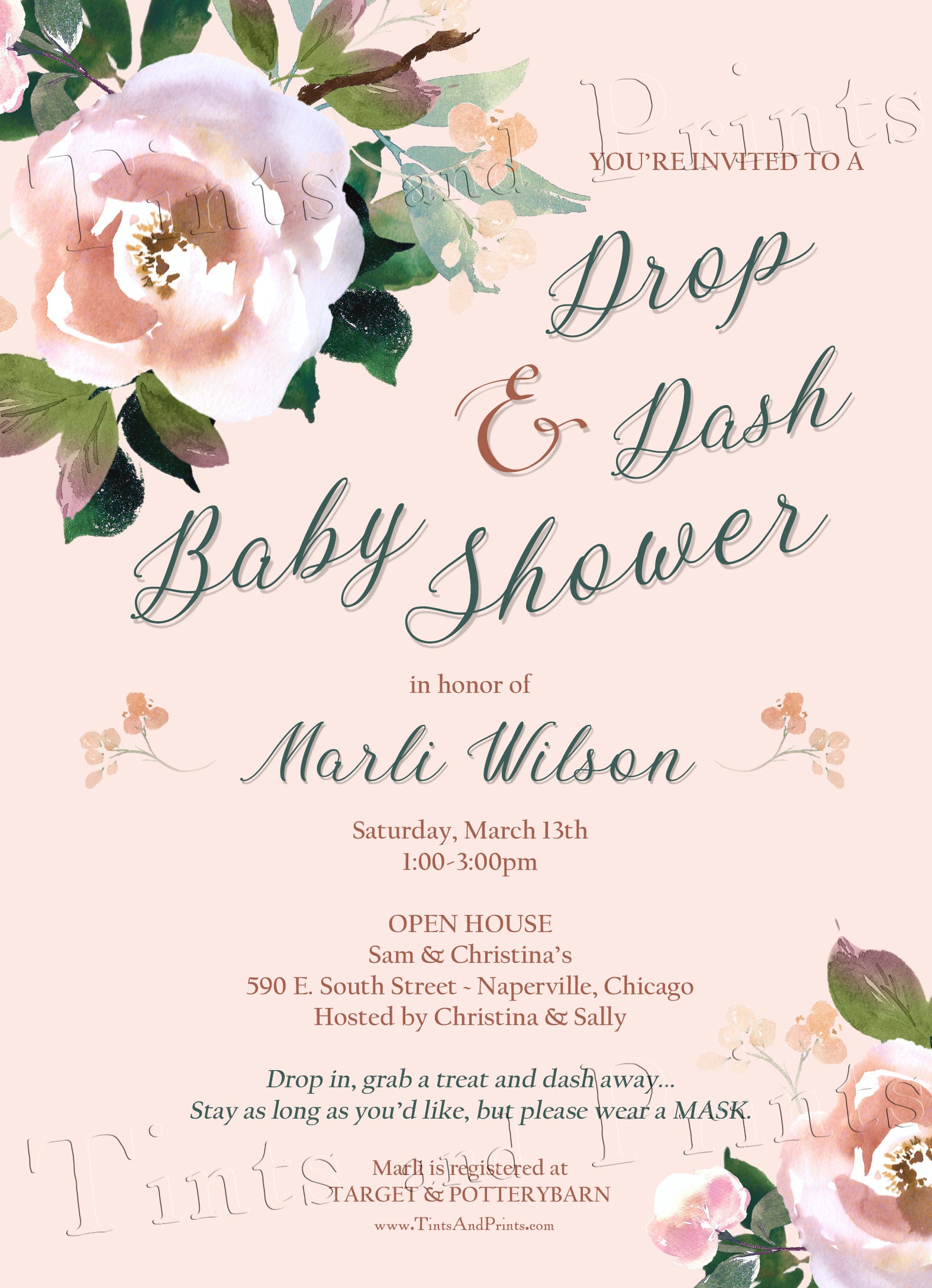 Drop & Dash Custom Bridal or Baby Shower Open House Invitation Design ...